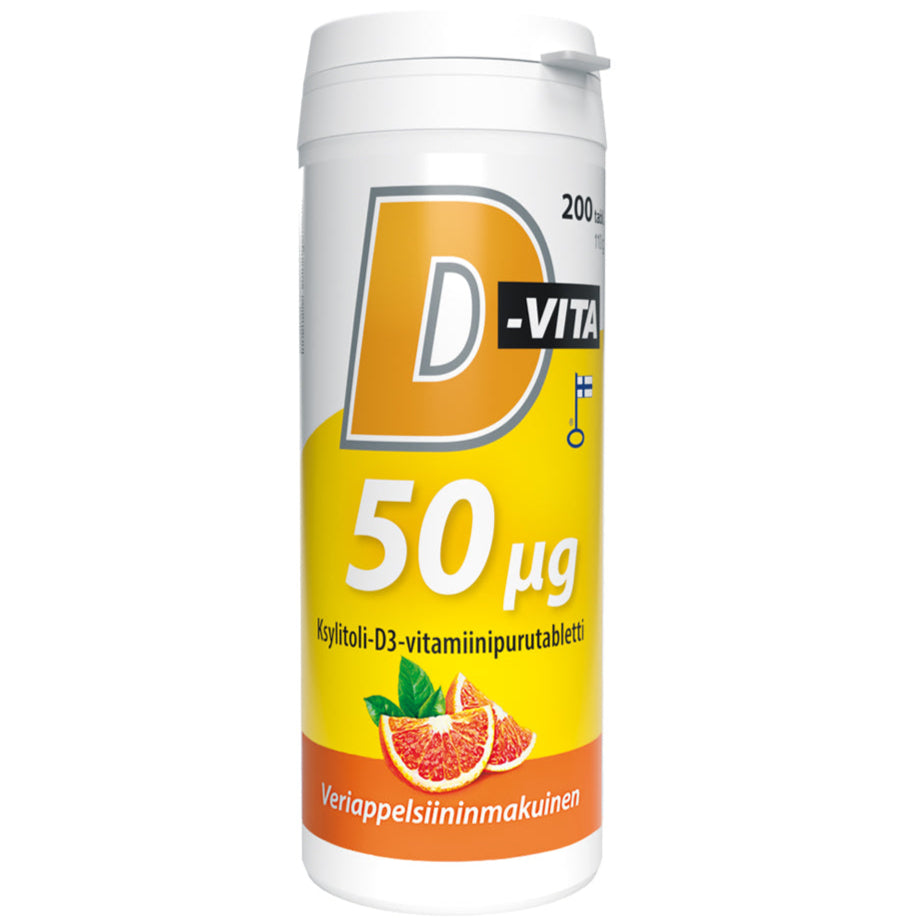 D-Vita 50 µg Veriappelsiini | Pureskeltava D-vitamiini aikuisille 🍊