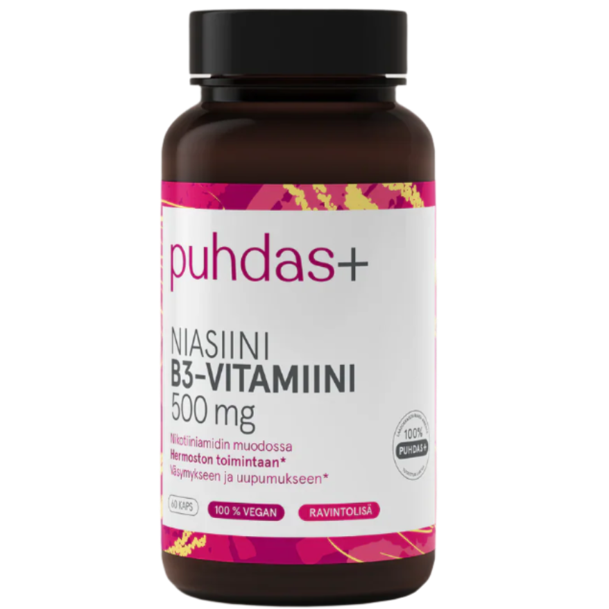 Puhdas+ Niasiini B3-vitamiini 500 mg | Vireyttä ja hermostolle 💛